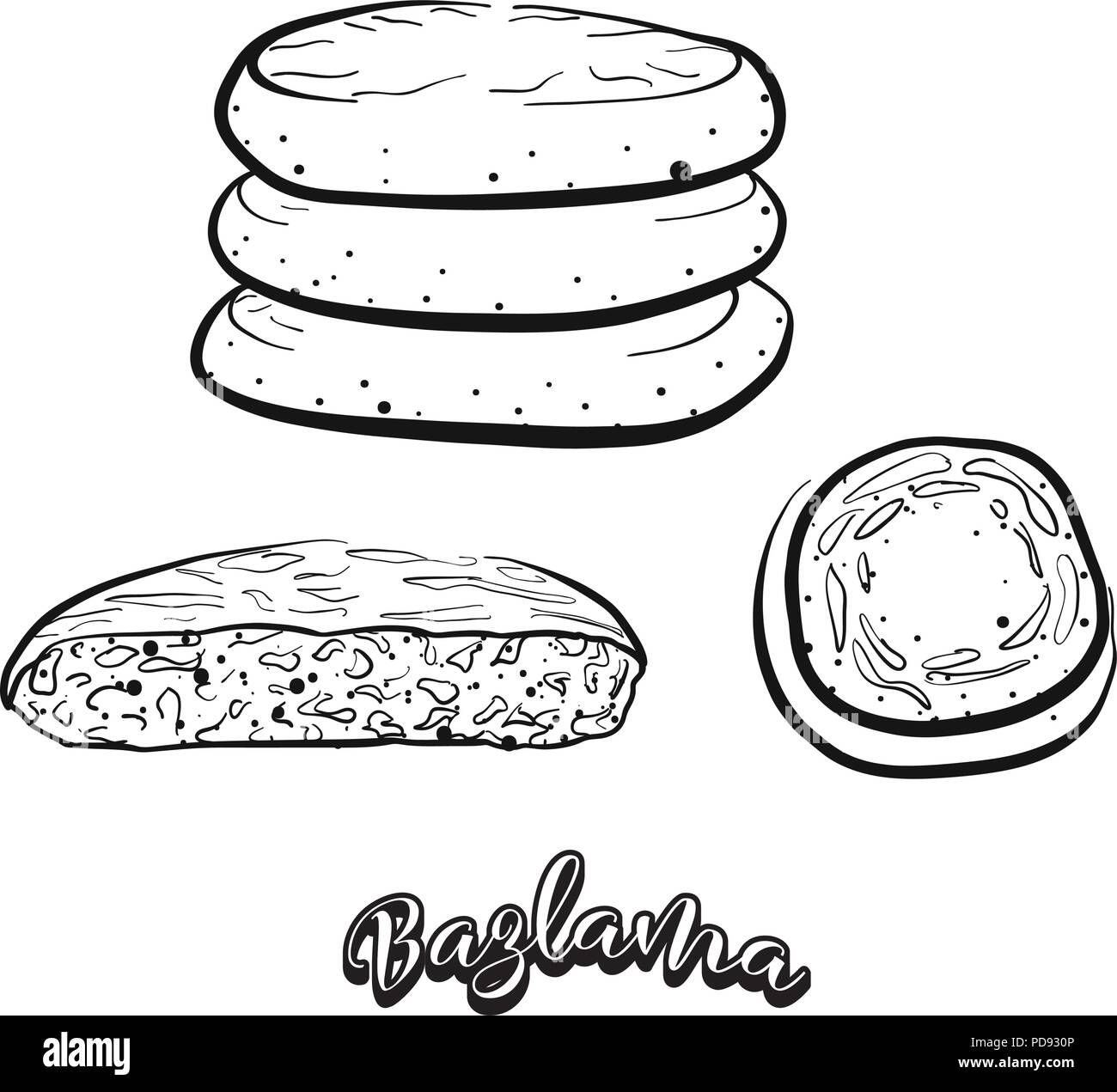 Hand drawn sketch of Bazlama bread. Vector drawing of Flatbread food ...