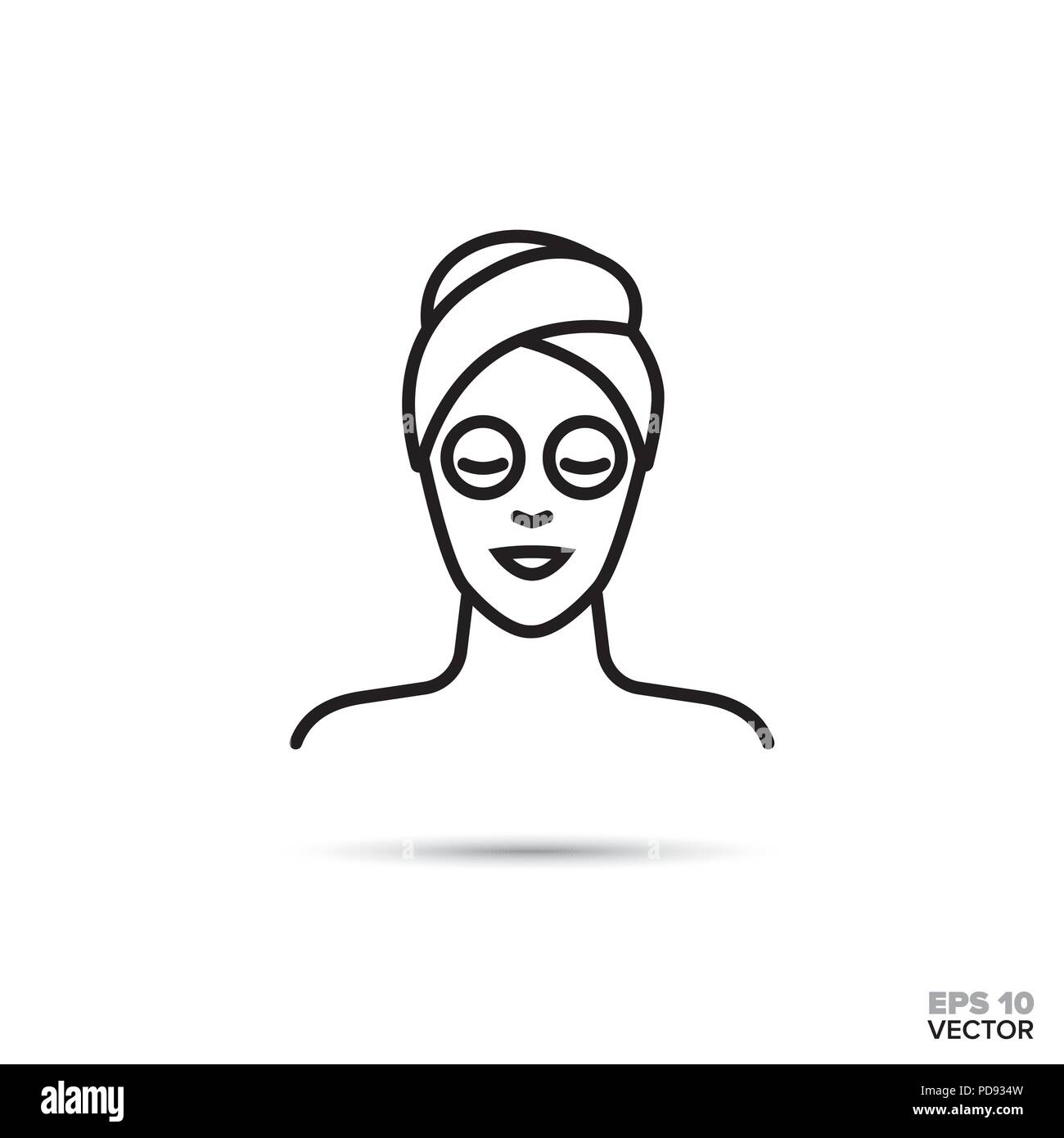 Woman with facial mask and head wrapped in towel vector line icon. Spa ...