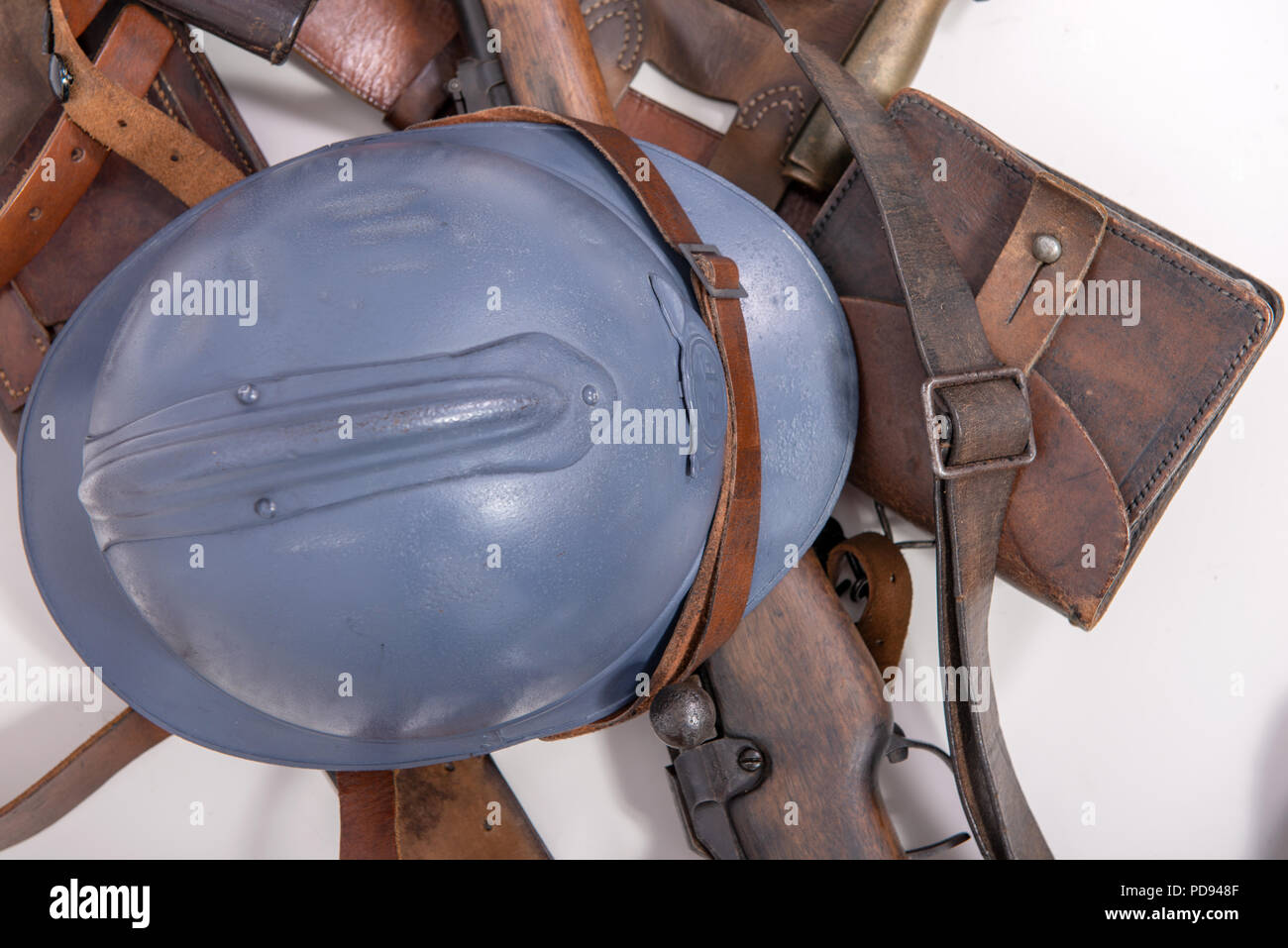 french military helmet of the First World War with rifle isolated on ...
