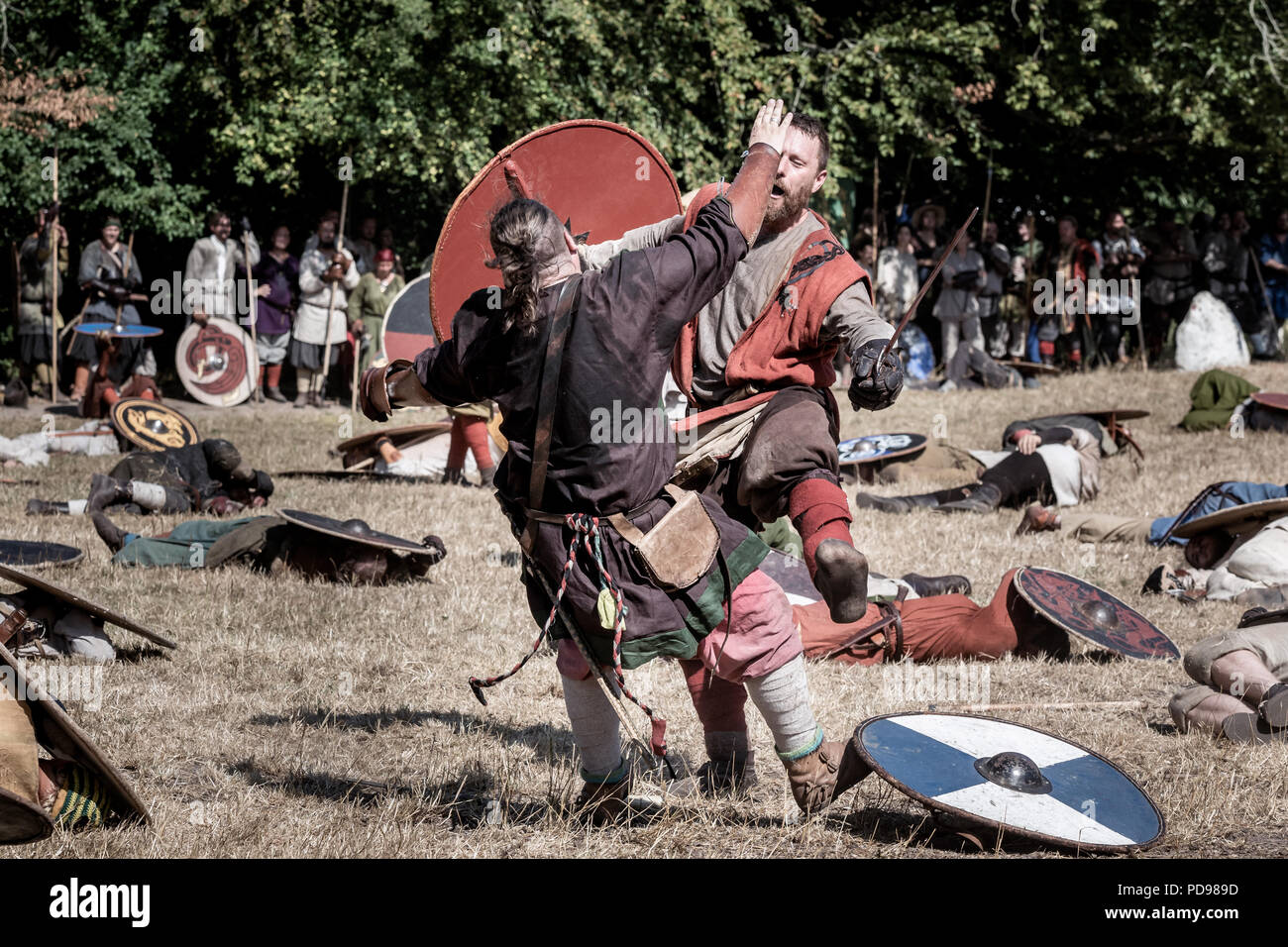 Battle reenactment at the worlds biggest Viking moot, Mosegaard Viking ...