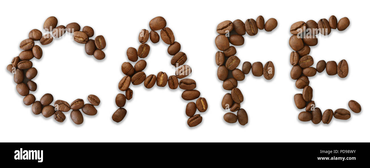 Cafe word made of coffee beans on white background - close up concept ...