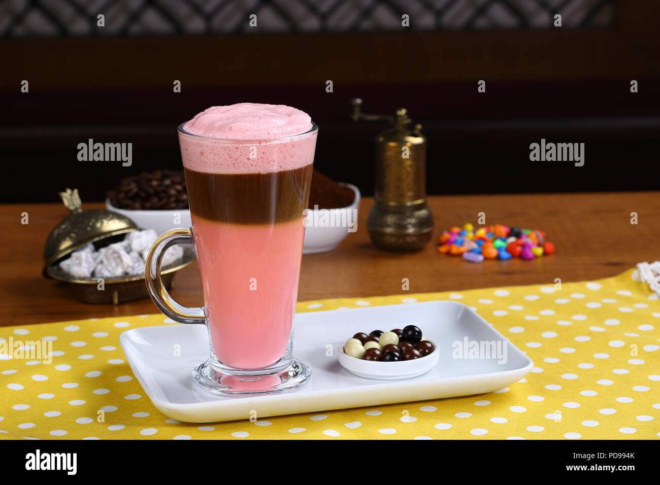 Fruit Latte macchiato with whipped cream and dragee Stock Photo - Alamy