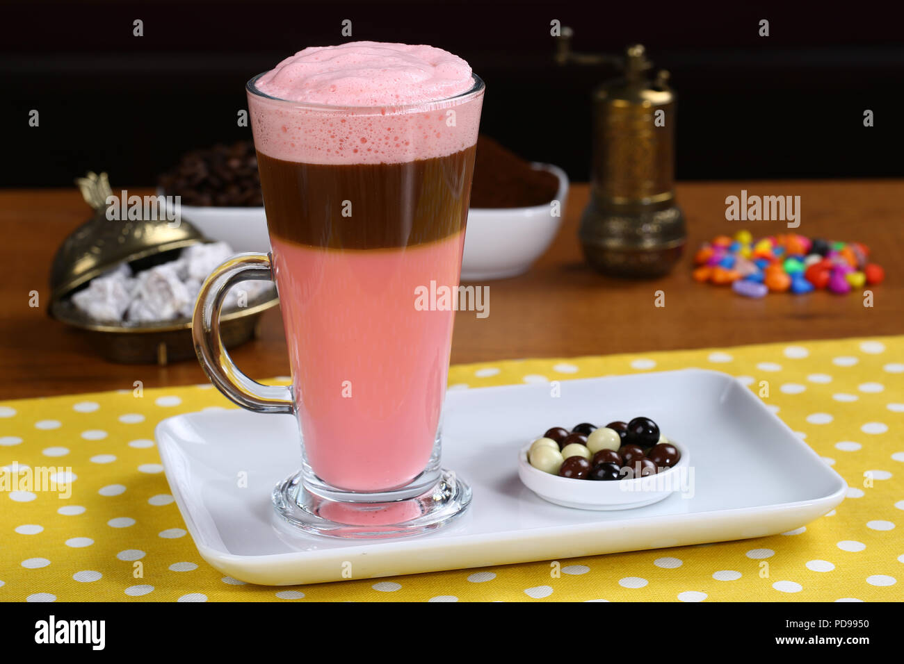 Fruit Latte macchiato with whipped cream and dragee Stock Photo - Alamy