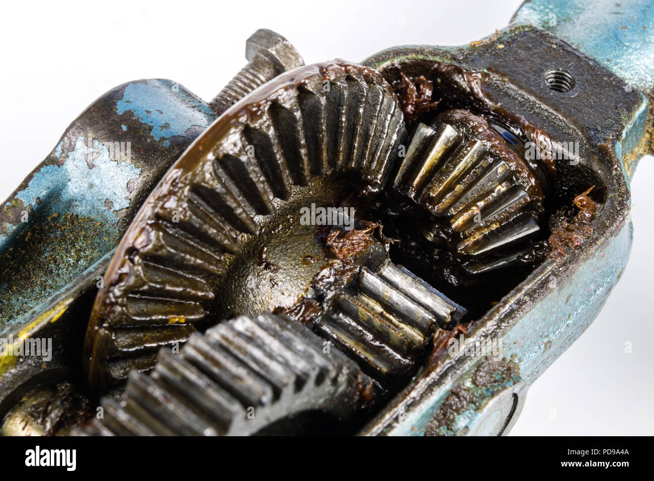 Toothed gear in carpentry tools. An old hand drill for drilling holes ...