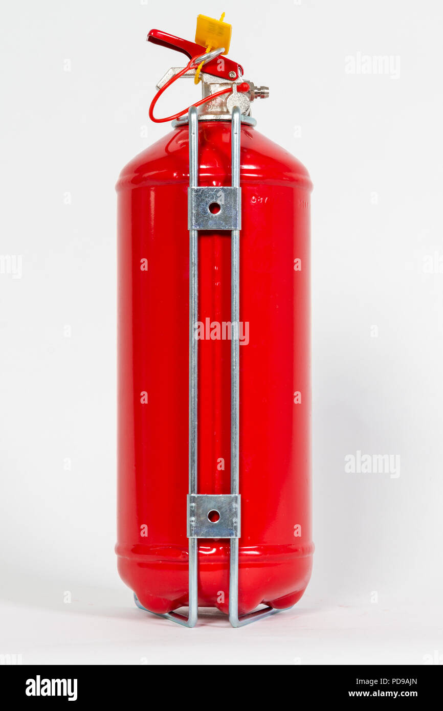 Back side of Fire extinguisher red tank isolated on white background ...