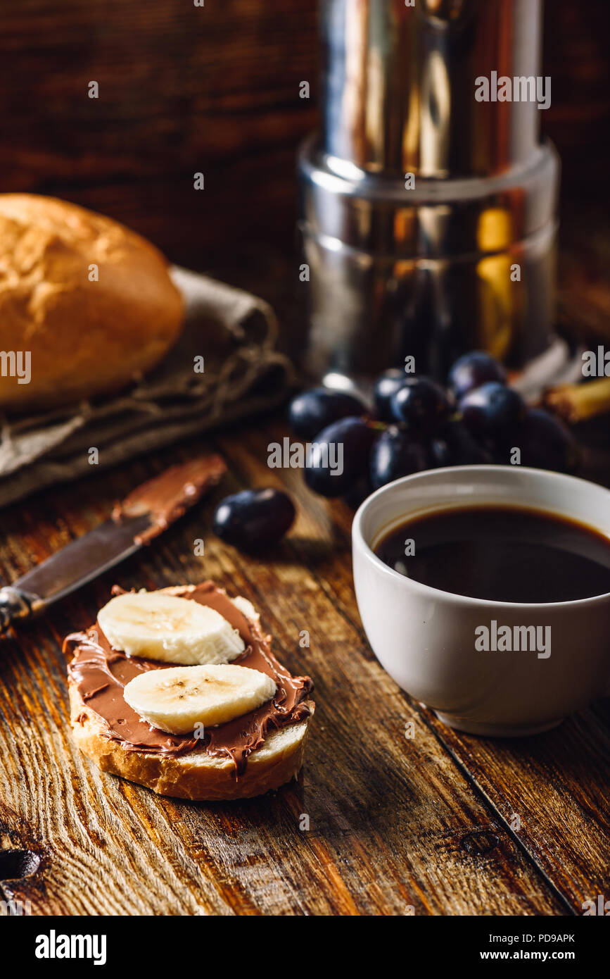 Breakfast with Banana Sandwich with Chocolate Spread, Coffee Cup and ...