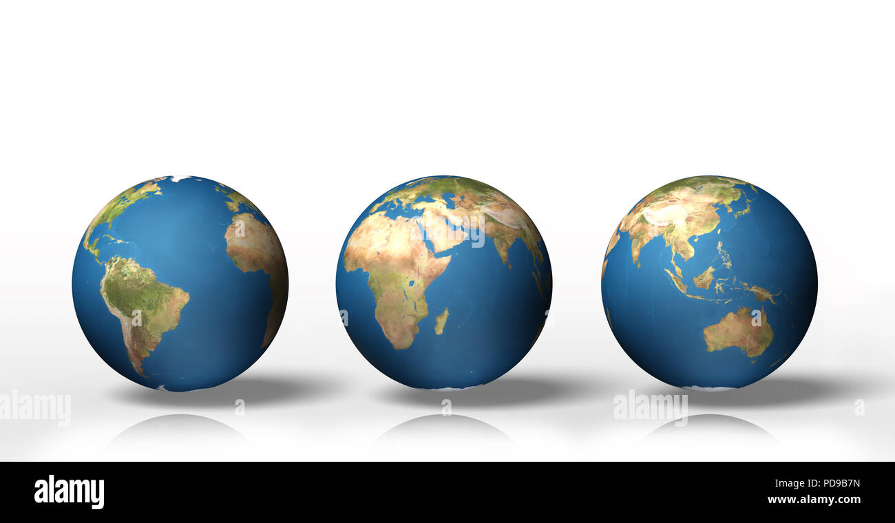 Set of 3D globe showing earth with all continents, isolated on white ...
