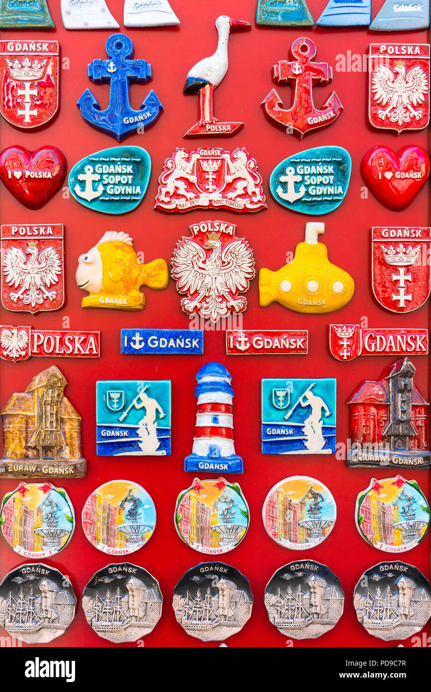 Gdansk souvenir, a display of colorful souvenir fridge magnets ...