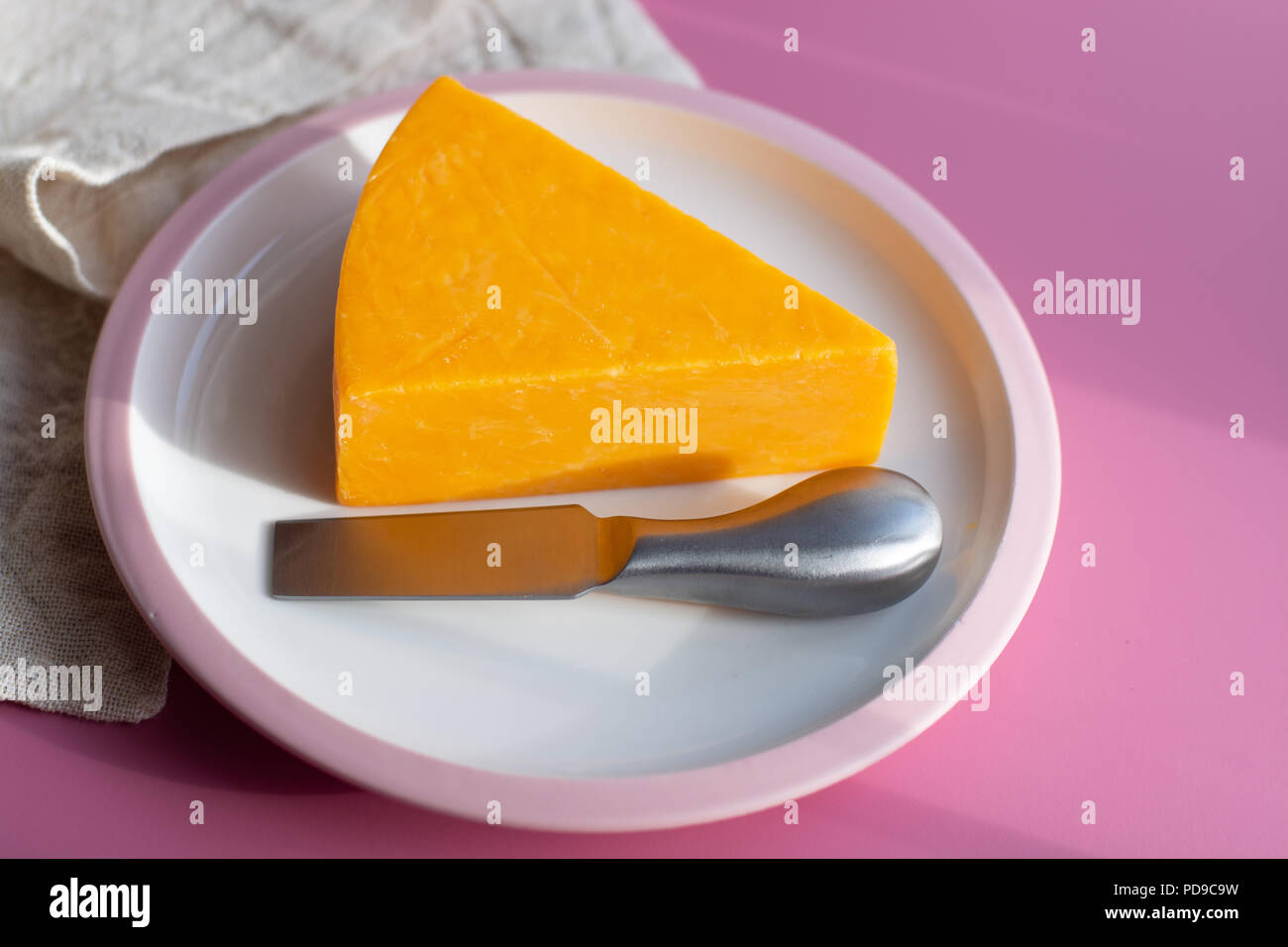 Triangle piece of British hard cow dark yellow cheddar cheese on pink ...
