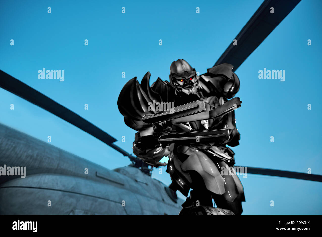 Front view of metallic transformer going near big helicopter's ...