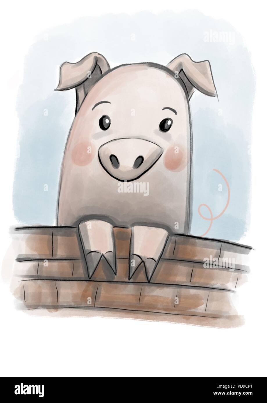 a pink pig peering over a wall Stock Photo - Alamy