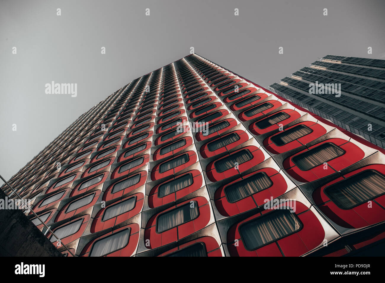 Colorful red modern architecture Beaugrenelle, Paris France looking up ...