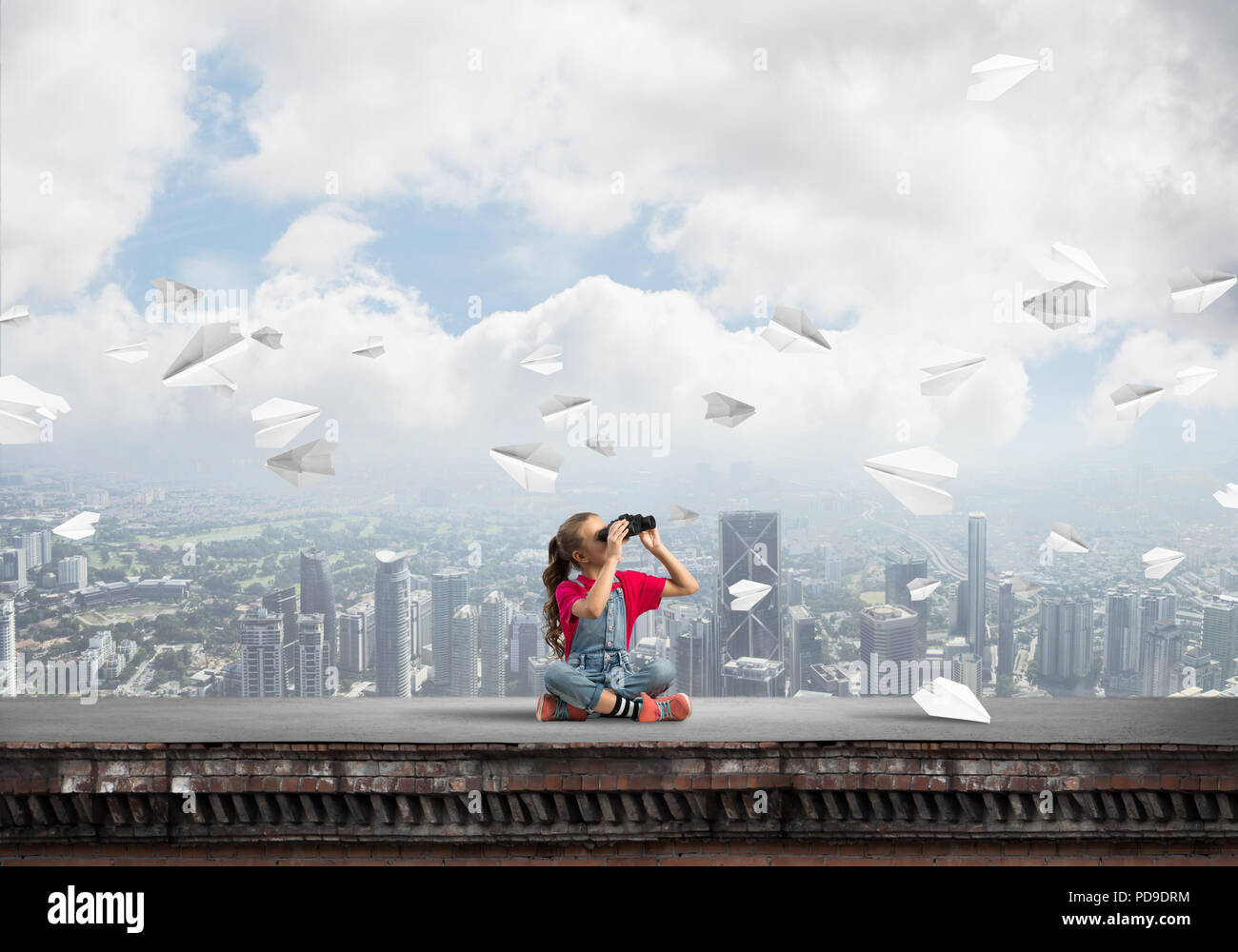 Concept of careless happy childhood with girl of school age looking in ...