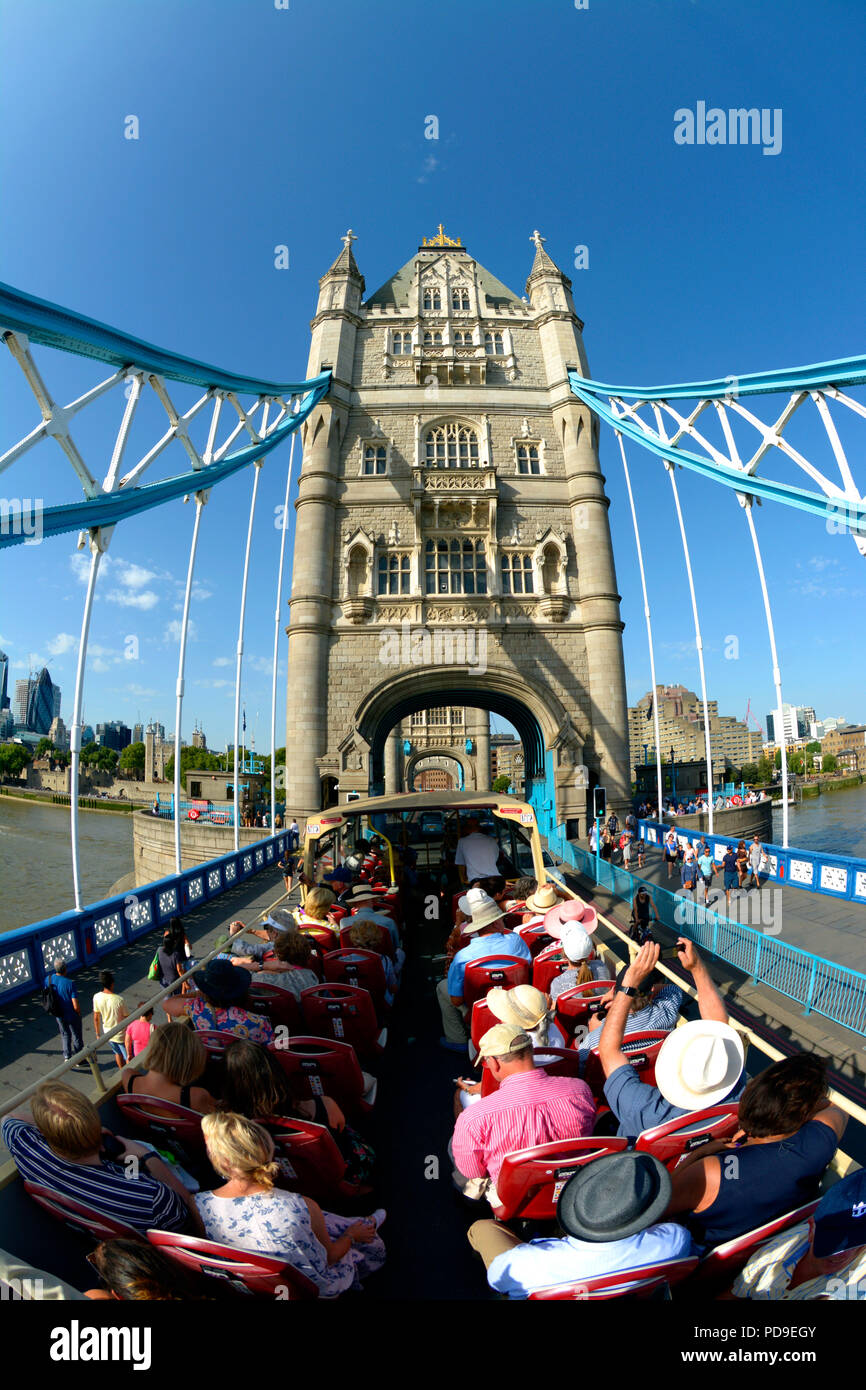 Open top tourist bus crossing Tower Bridge, London Stock Photo - Alamy