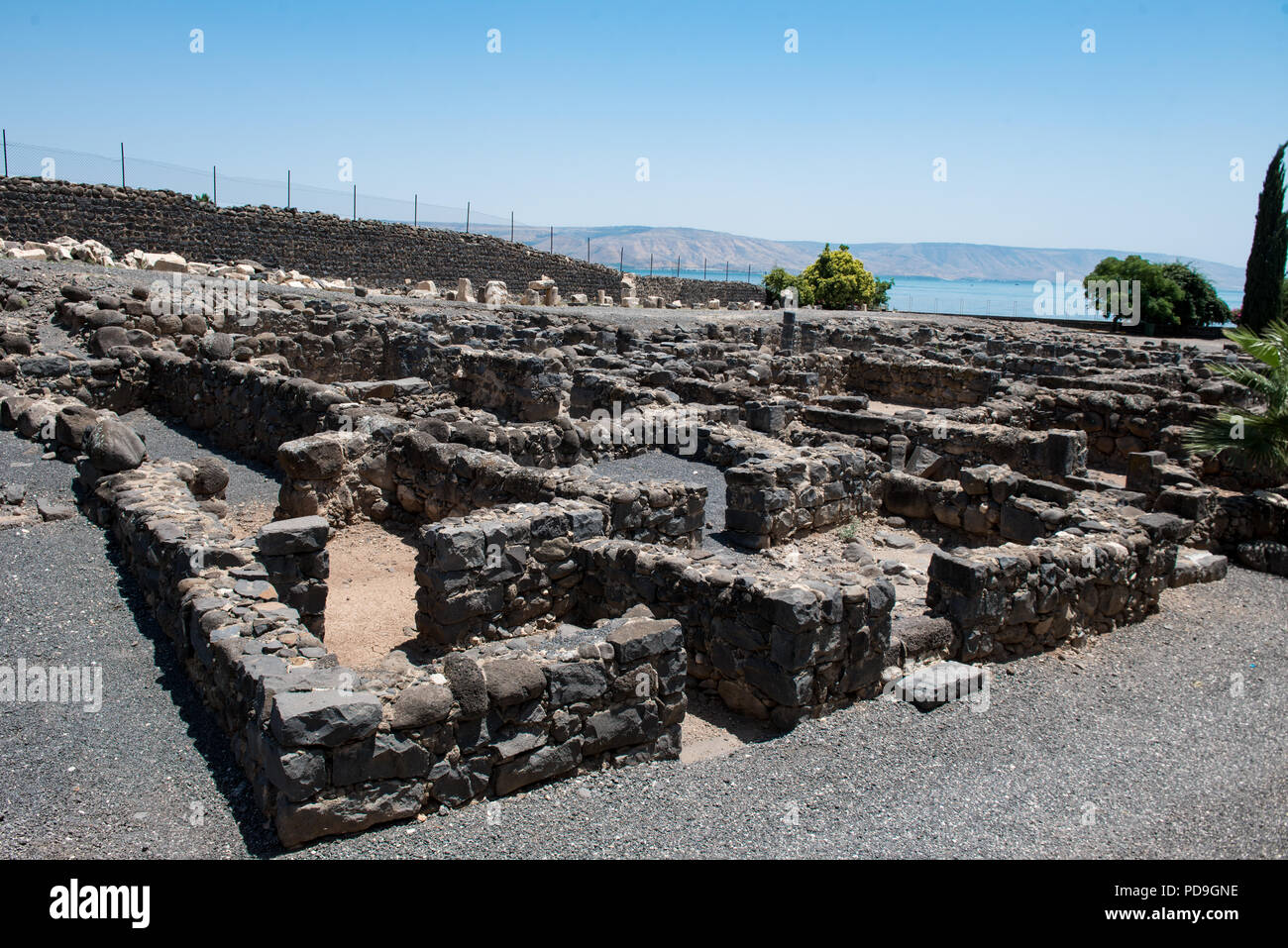 The ruins of the dark basalt rock village of Capernaum, on the shore of ...
