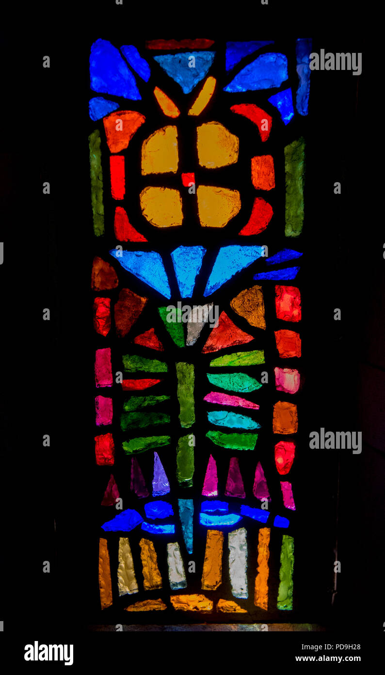 Nazareth, Israel May17 2018: Dramatic small stained glass window in the ...