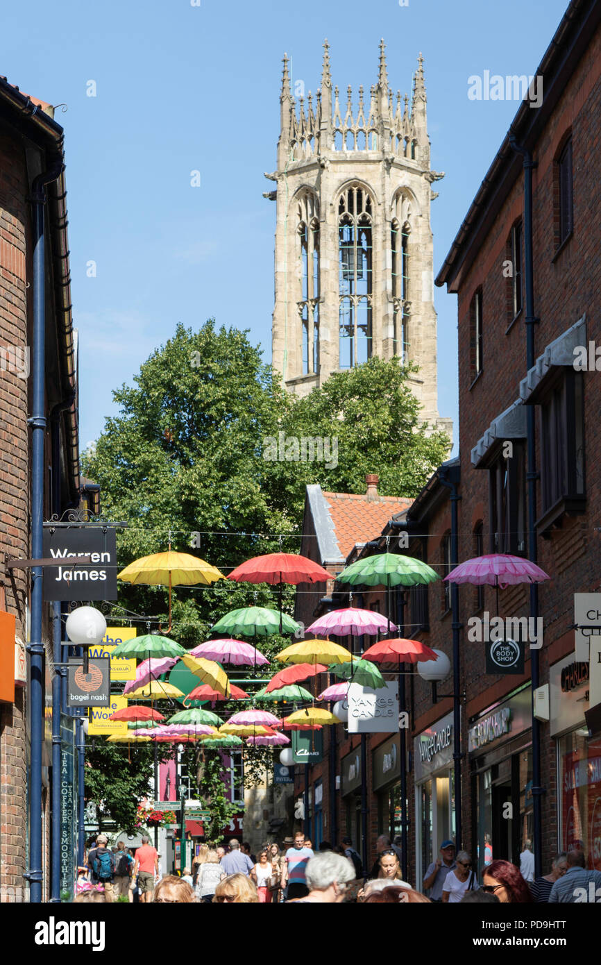 Colourful Umbrellas hanging over Coppergate Centre, York, North ...
