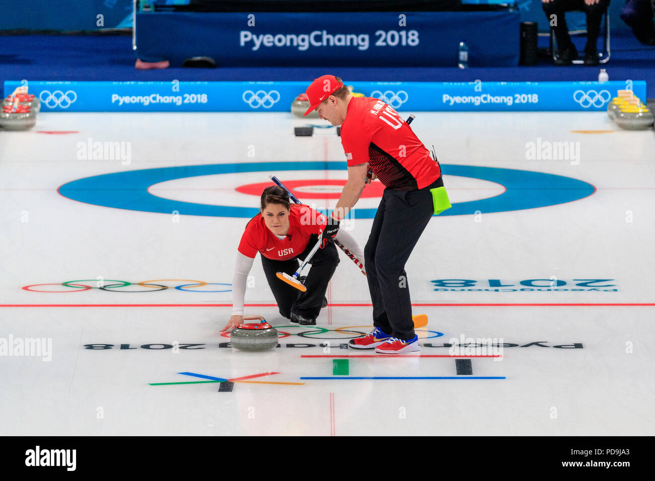 Rebecca and Matt Hamilton (USA) competing in the Mixed Doubles Curling ...