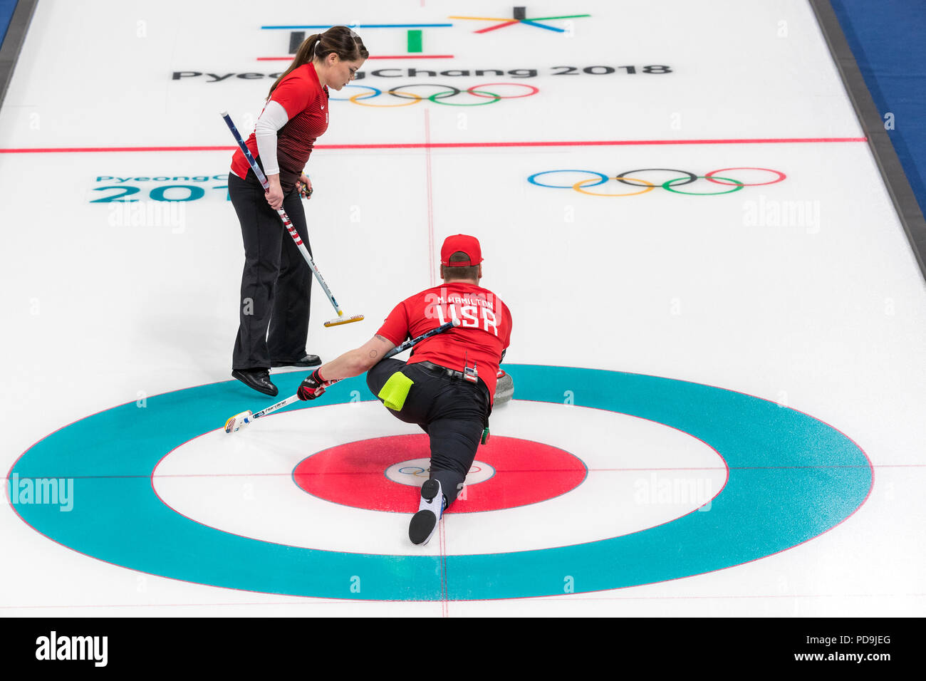 Rebecca and Matt Hamilton (USA) competing in the Mixed Doubles Curling ...