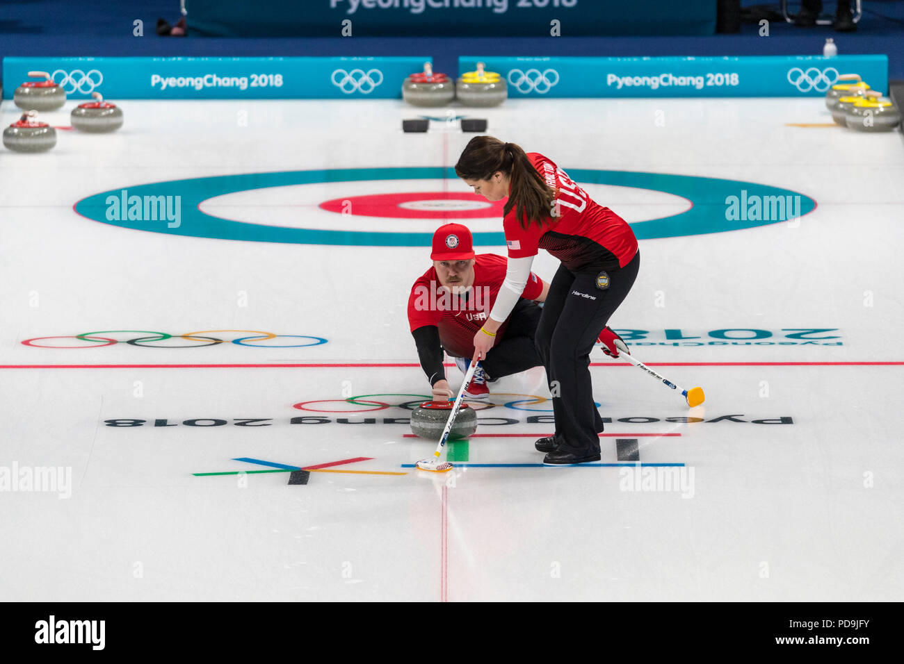 Rebecca and Matt Hamilton (USA) competing in the Mixed Doubles Curling ...