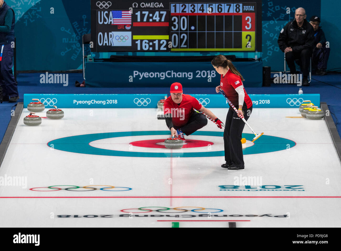 Rebecca and Matt Hamilton (USA) competing in the Mixed Doubles Curling ...