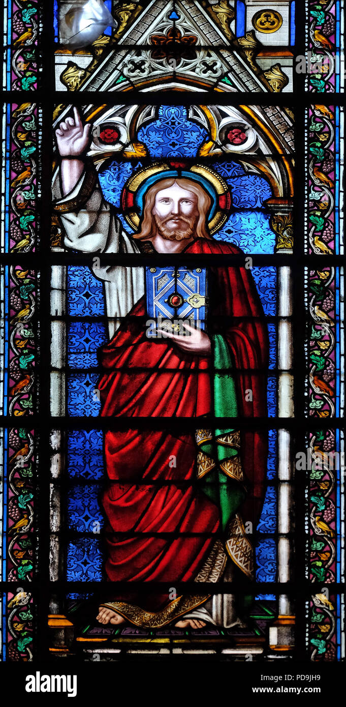 Christ blessing, stained glass window in the Basilica of Saint Clotilde ...