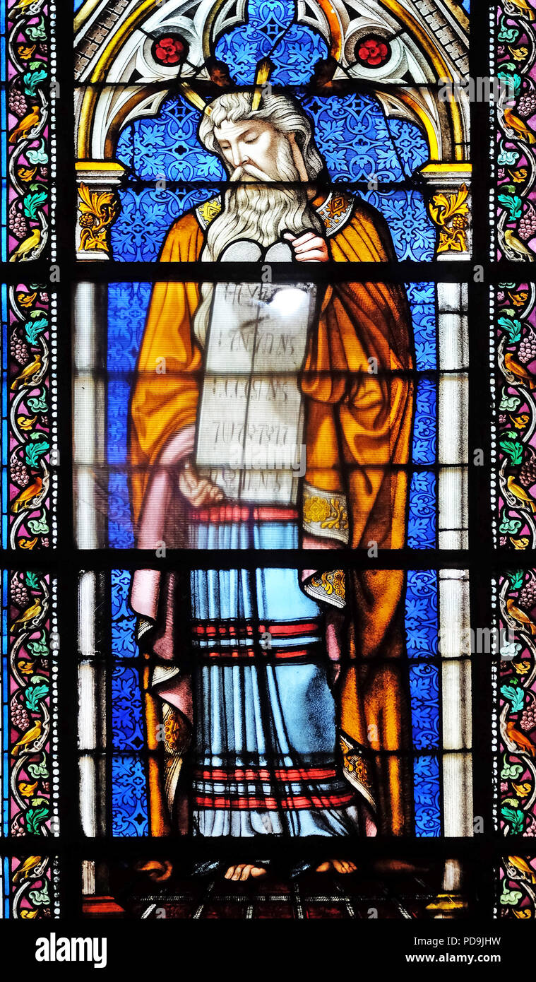 Moses, stained glass window in the Basilica of Saint Clotilde in Paris ...