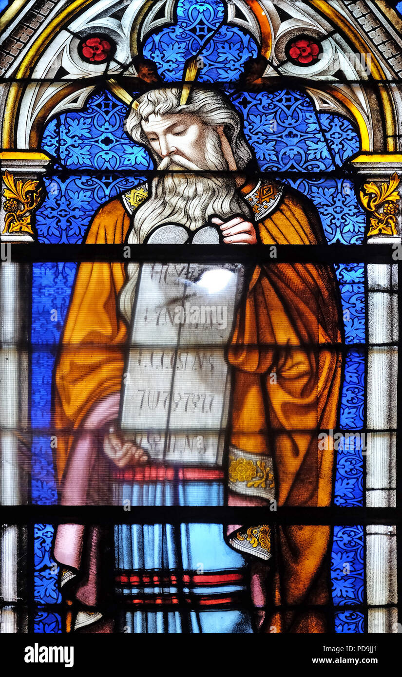 Moses, stained glass window in the Basilica of Saint Clotilde in Paris ...