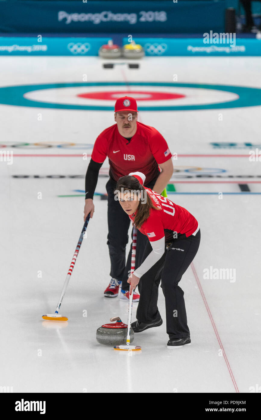 Matt and Rebecca Hamilton (USA) competing in the Mixed Doubles Curling ...