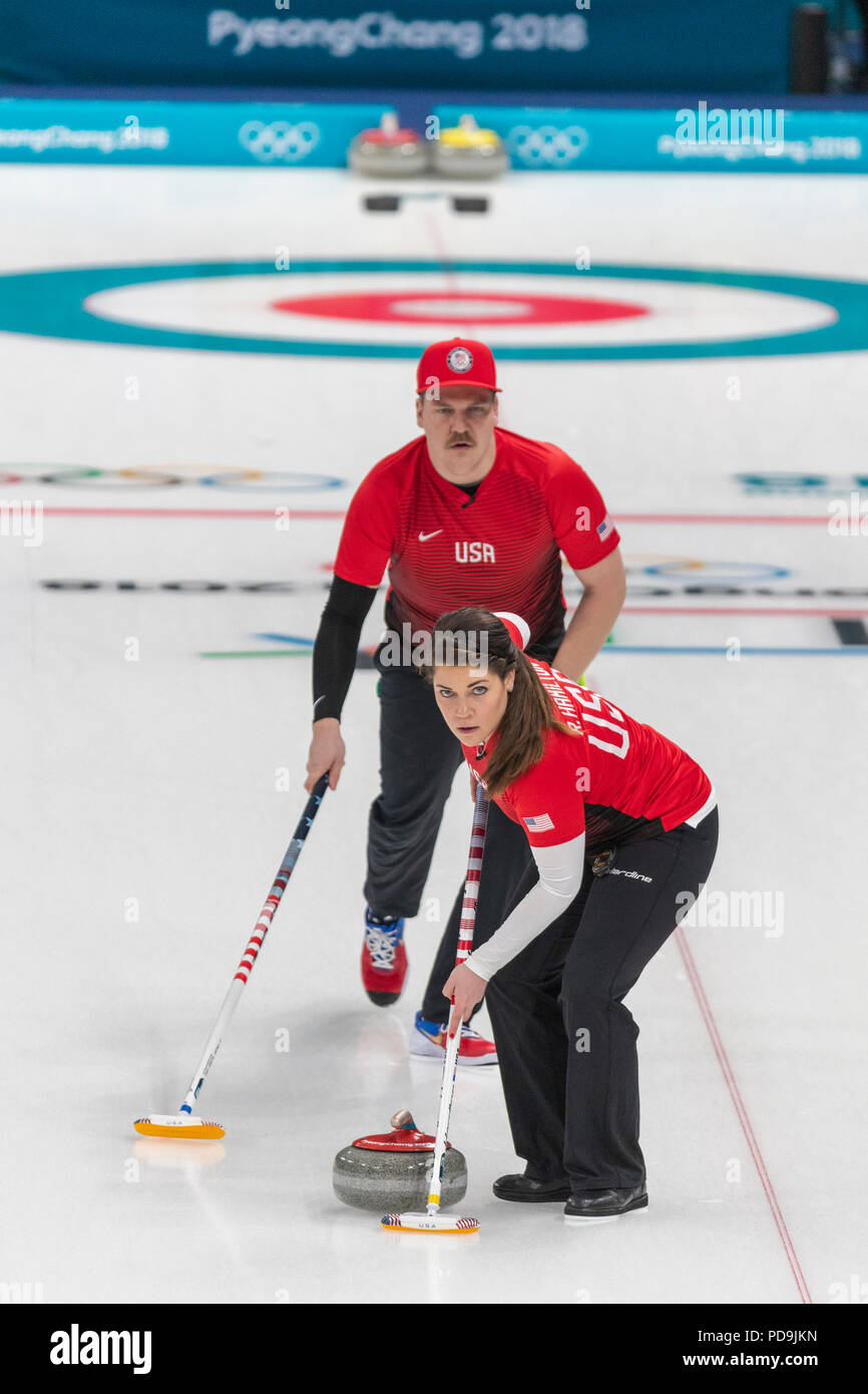 Matt and Rebecca Hamilton (USA) competing in the Mixed Doubles Curling ...