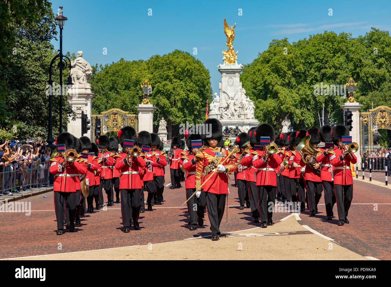 London England August 05, 2018 The band of the Coldstream Guards returns to barracks after ...