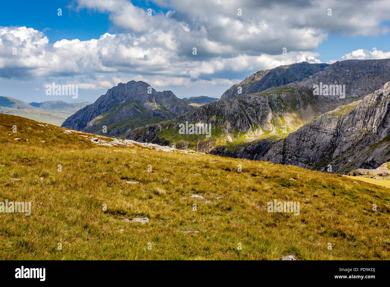 A veiw of Tryfan and Glyder Fach from the lower slopes of Y Garn ...