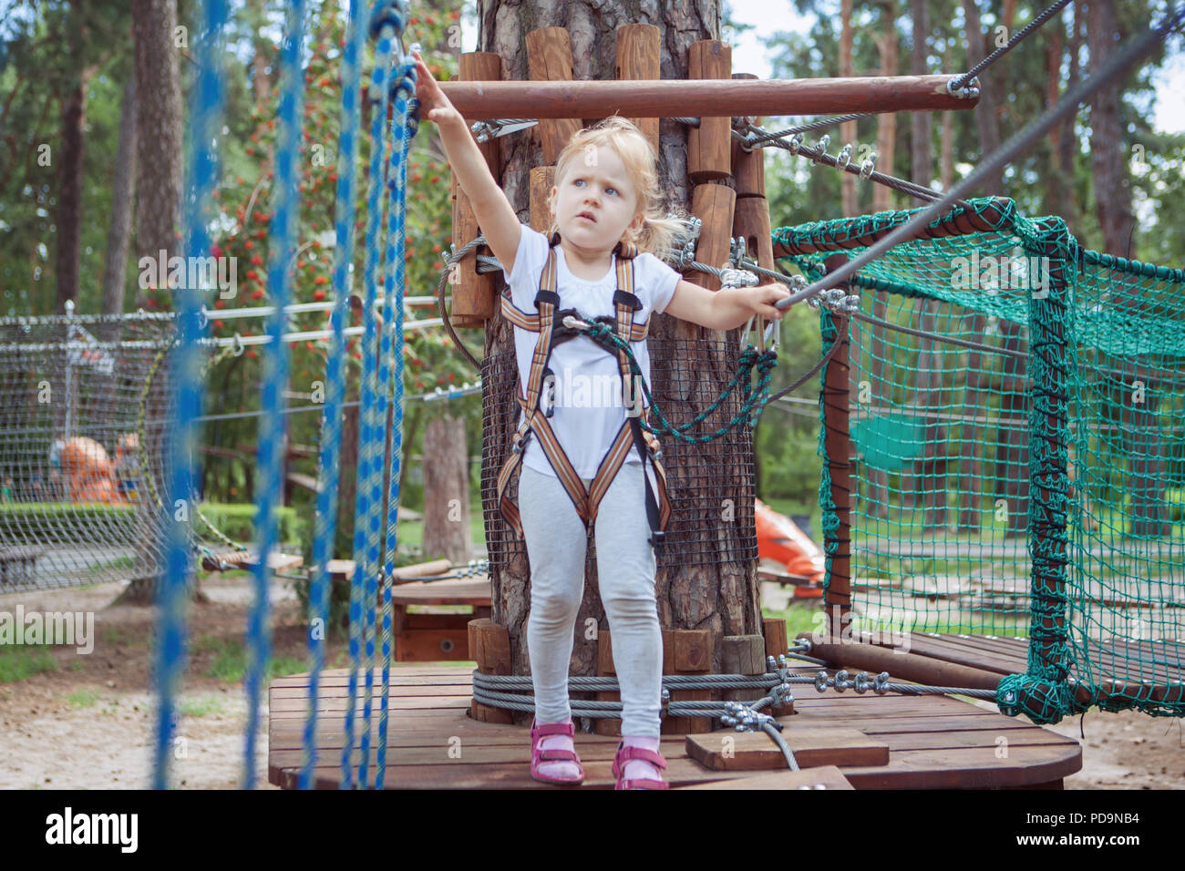 Brave little girl passes an obstacle in the rope park Stock Photo - Alamy