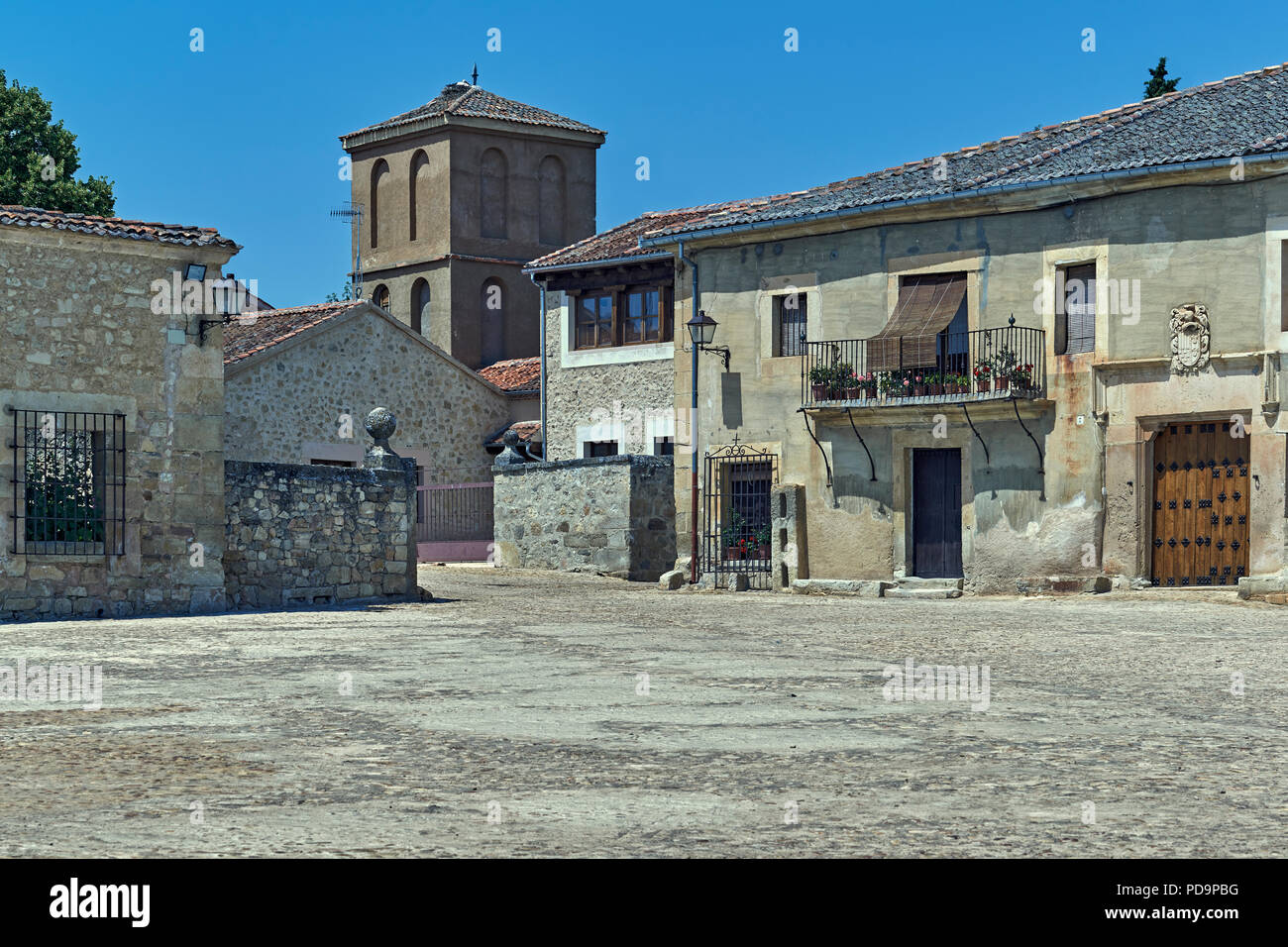 Ancient medieval buildings of the village of Pedraza, Segovia, Castile ...