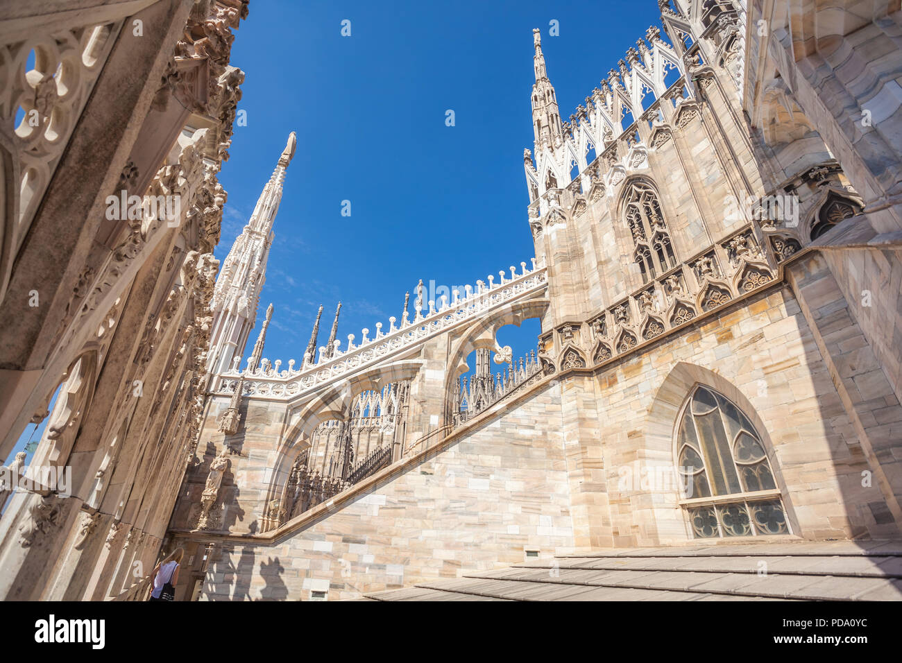 view of Gothic architecture and art on the roof of Milan Cathedral ...