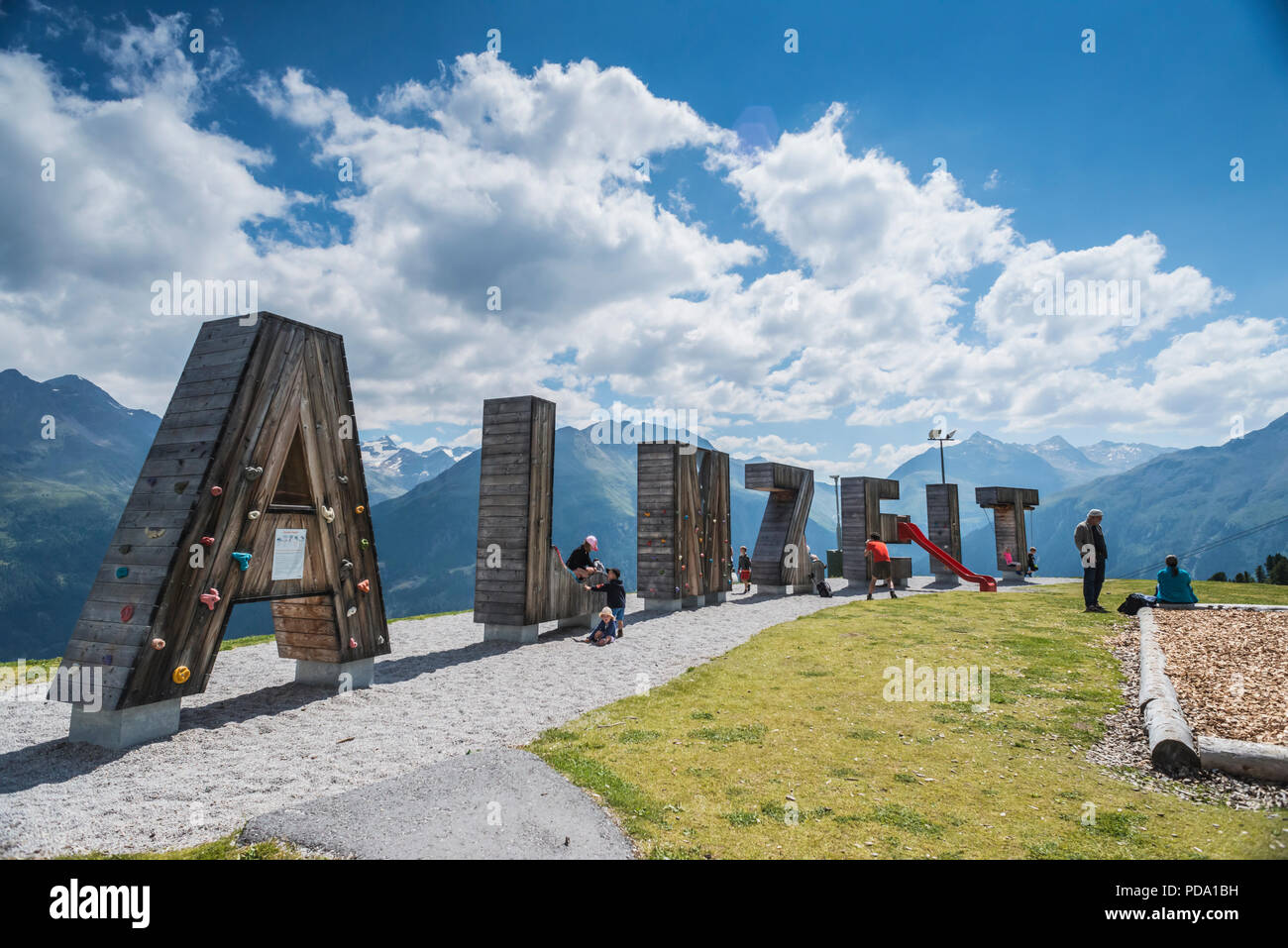 Rest and relaxation area at the Gaislachjoch cable car middle station ...