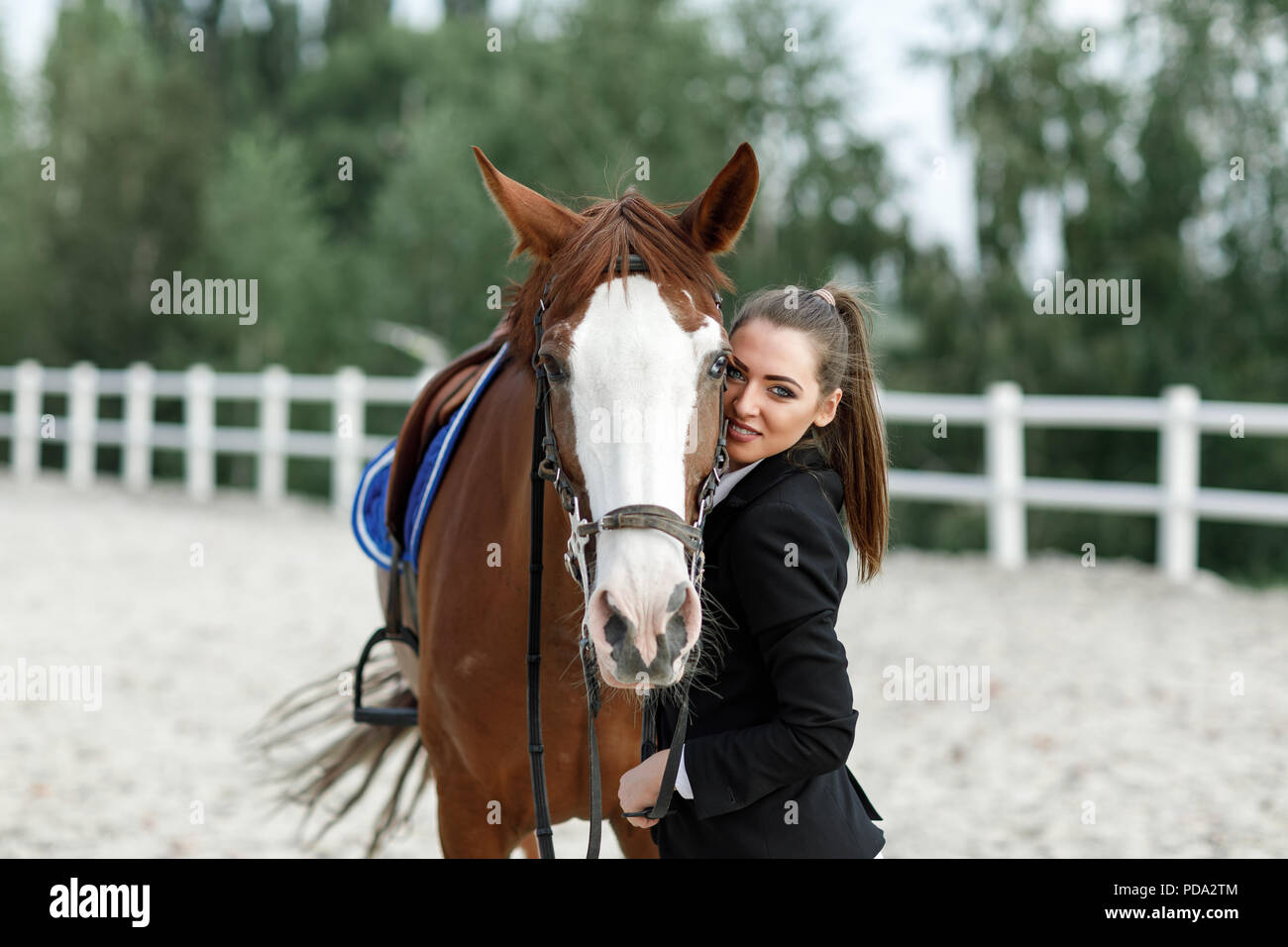 Rider elegant woman riding her horse outside Stock Photo - Alamy