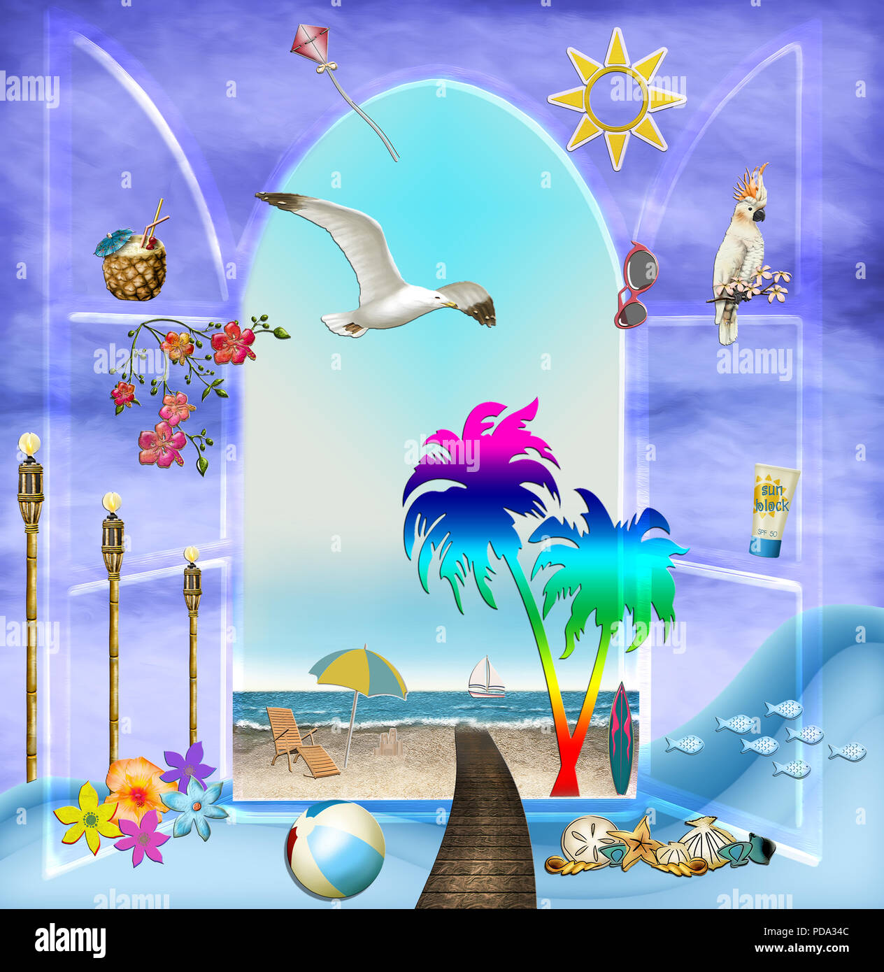 A recreational collage and conceptual piece using a window frame and ...