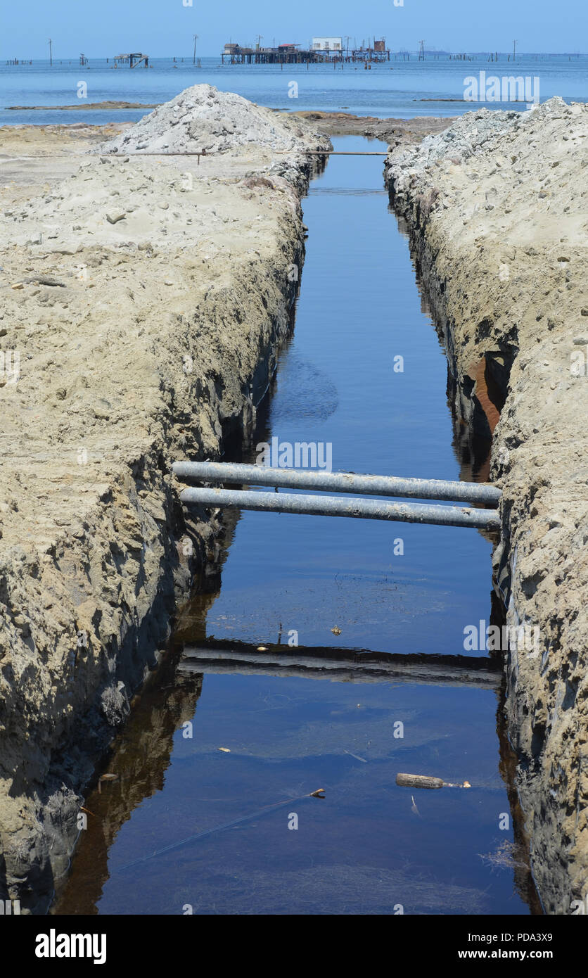 Caspian Sea pollution: a ditch discharges oily water into the sea ...