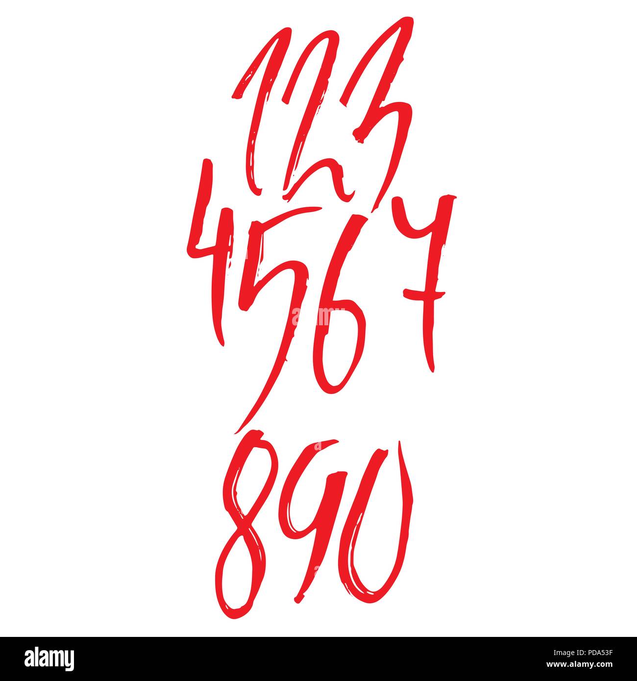 Set of calligraphic ink numbers. Textured dry brush lettering. Vector ...