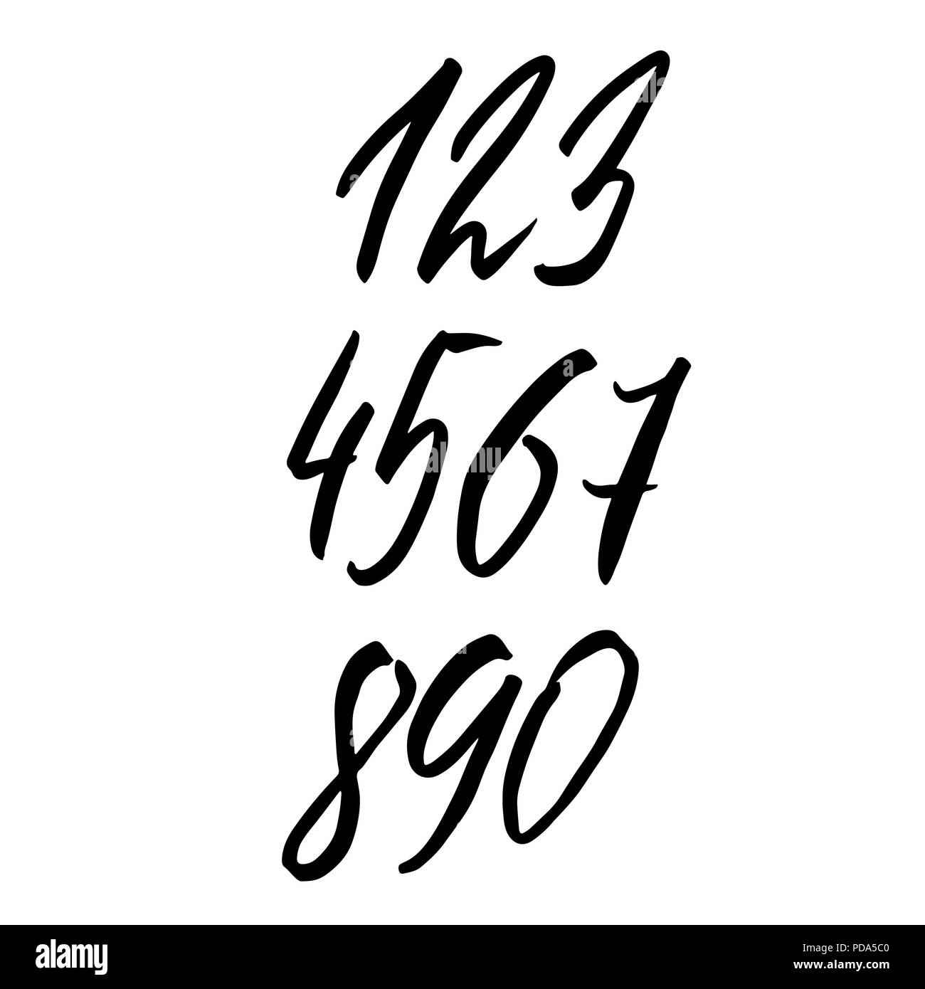 Set of calligraphic ink numbers. Textured dry brush lettering. Vector ...