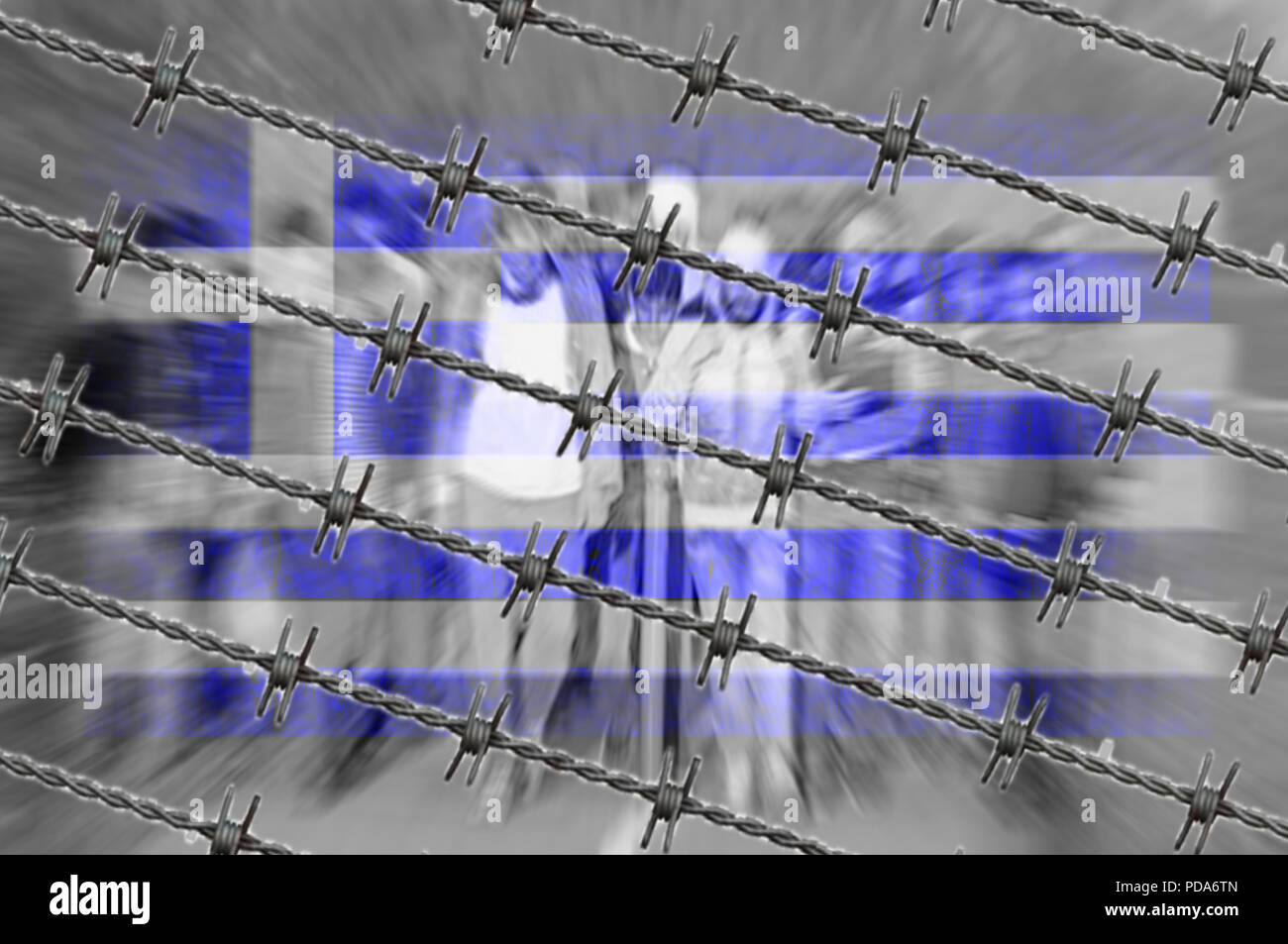 Greece flag, border house and barb wire with pliers Stock Photo - Alamy