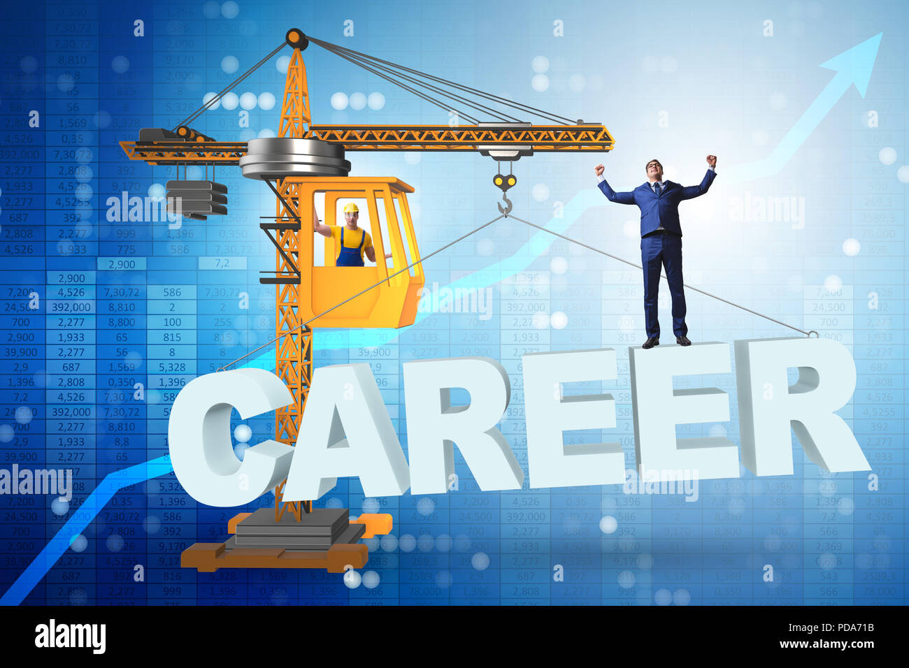 Businessman in career progression concept with crane Stock Photo - Alamy