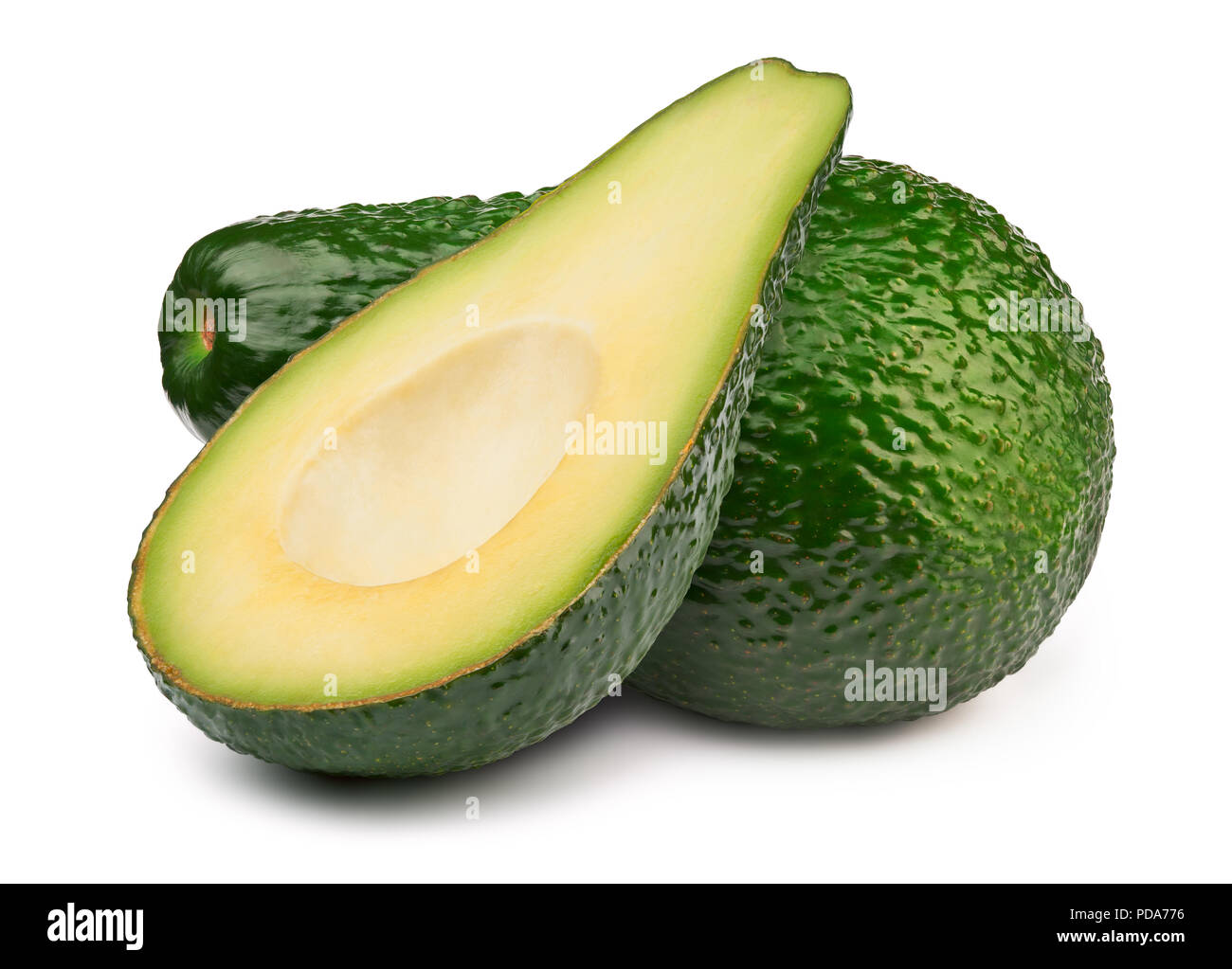 Green avocado with half slice isolated on white background, with ...