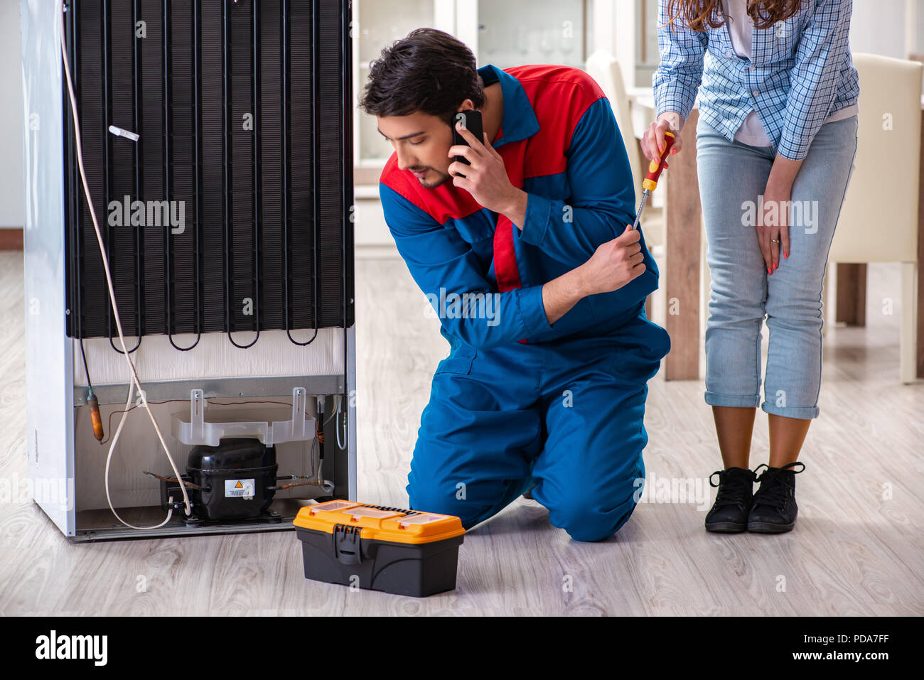 Man repairing fridge with customer Stock Photo - Alamy