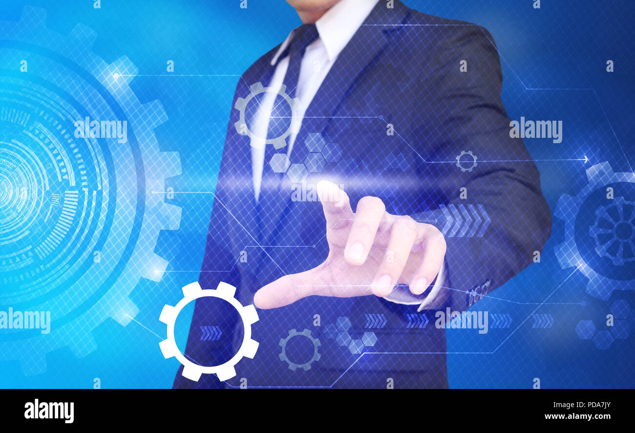 Tech guy pressing high technology control panel screen concept Stock ...