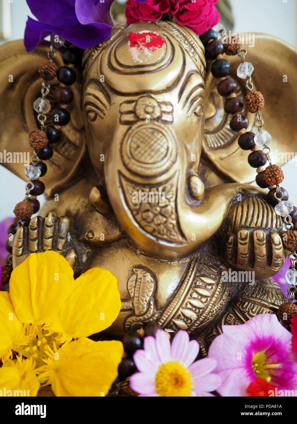 Hindu God Ganesha is covered with coloured flowers on an altar for a ...