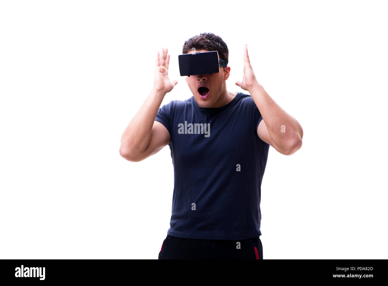 Man playing with virtual reality glasses on white background Stock ...