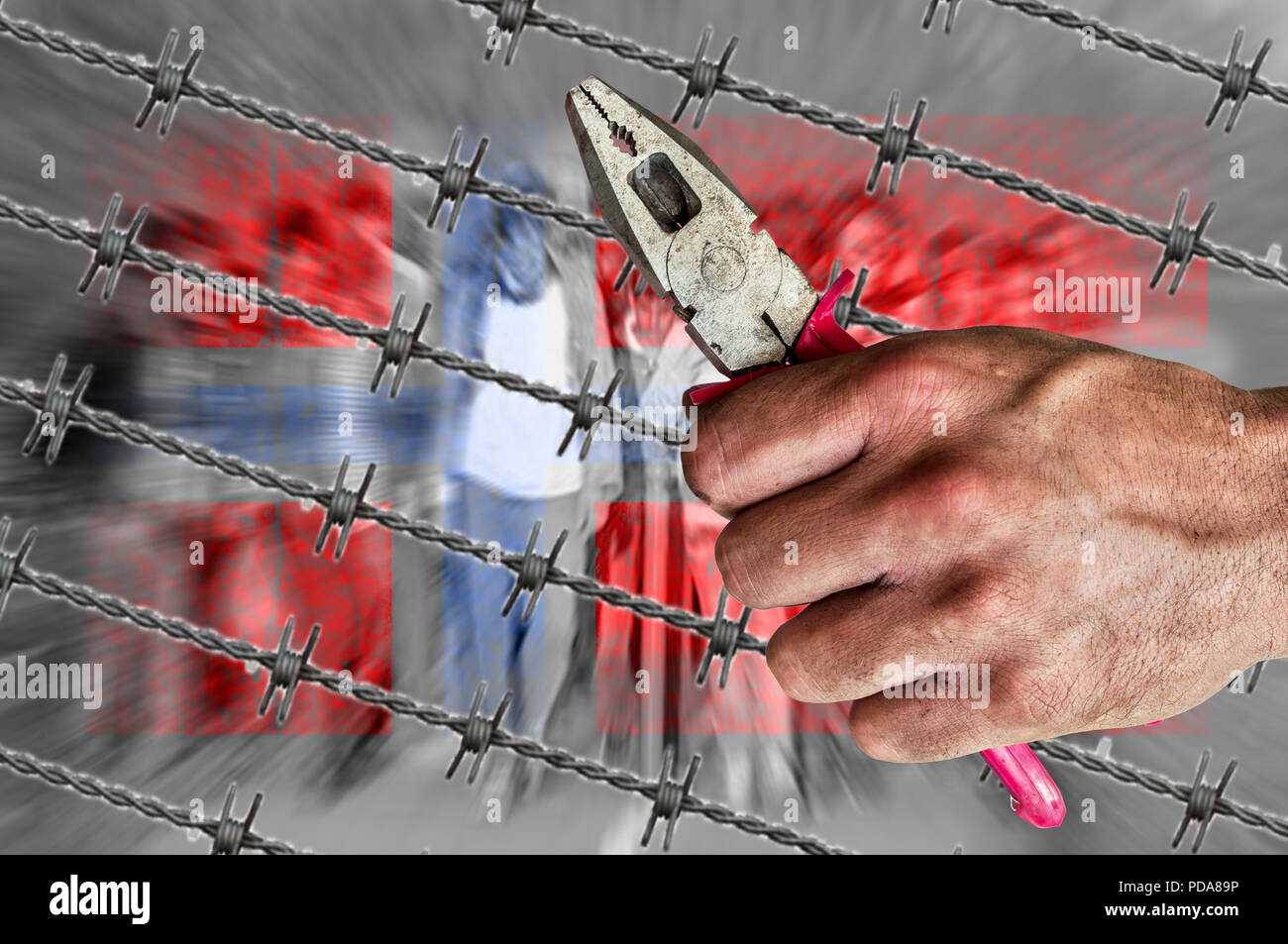 Norway flag, STOP sign, migrants and barb wire with pliers Stock Photo ...