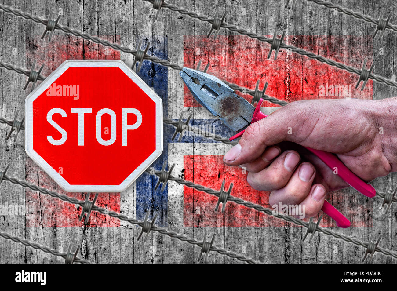 Norway flag, STOP sign, migrants and barb wire with pliers Stock Photo ...